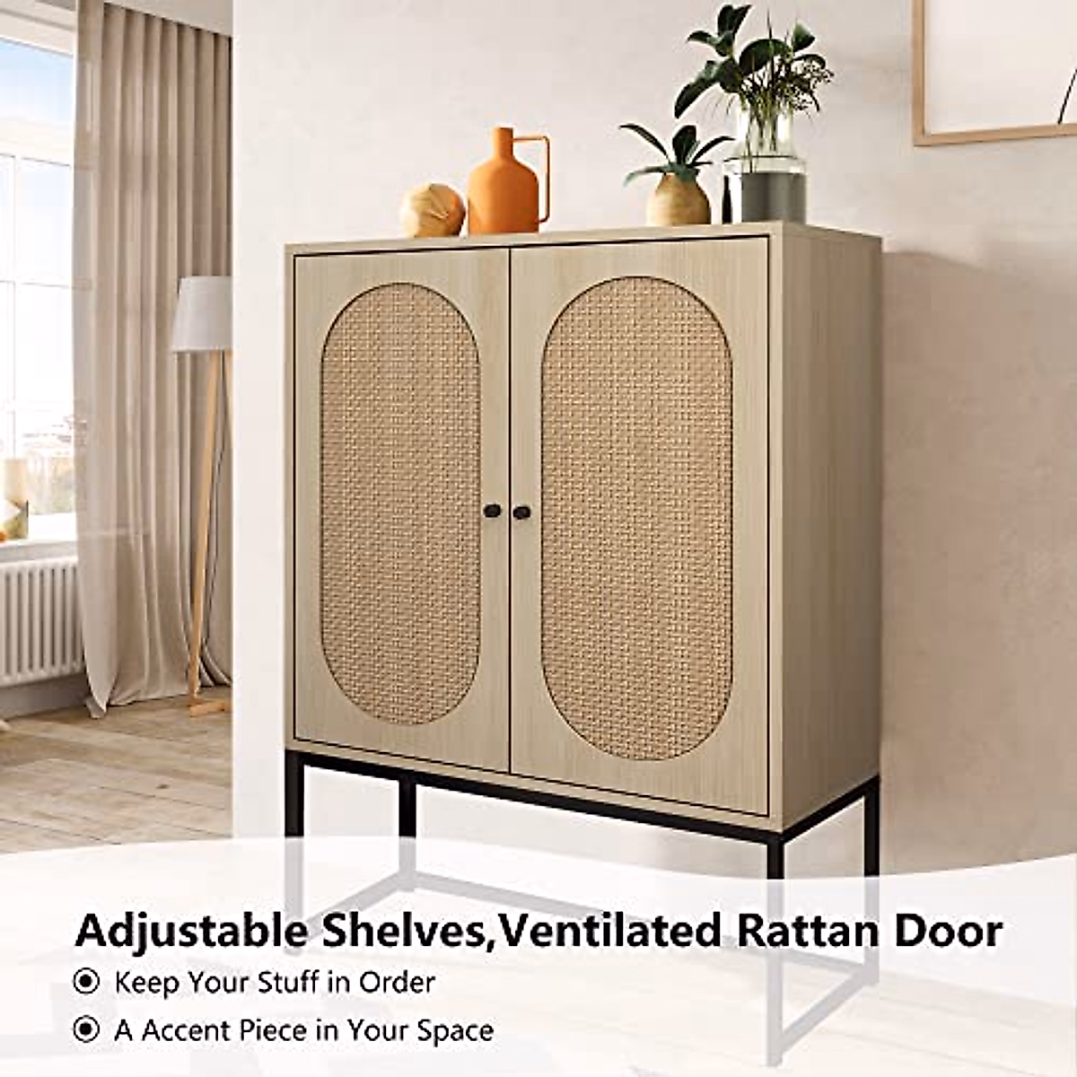 AWQM Natural Rattan 2 Door High Cabinet,Sideboard Buffet Cupboard Accent Cabinet,Adjustable Shelves,Free Standing Bookmatch,Easy Assembly26.77 L x 15.75" W x 41.34" H,Rustic Oak Beige