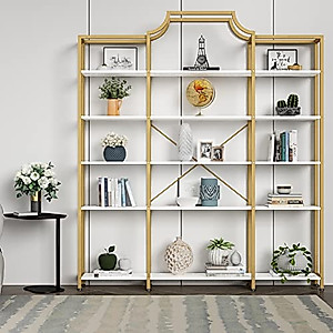 Auromie Triple Wide 5-Tier Bookshelf, 70.87" L x 79.13" H Extra Large Gold Bookcase, Tall Display Shelf with Metal Frame, Freestanding Etagere Storage Display Shelf for Home Office, White Gold