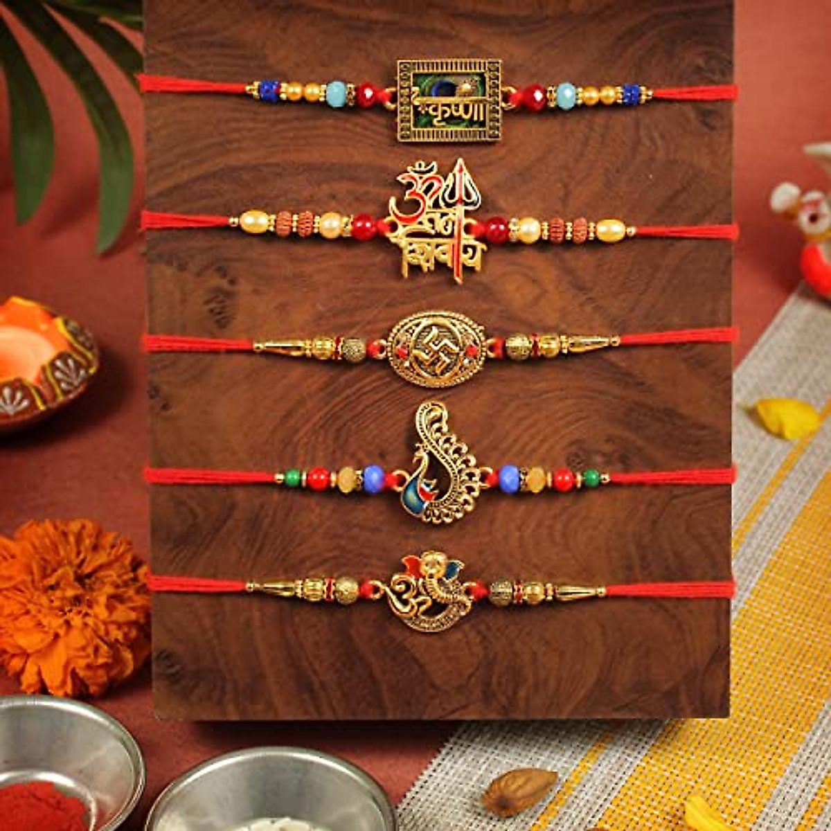 TIED RIBBONS Rakhi for Brother Set of 5 Rakhi for Bhaiya | Bro Rakhi with Card | Roli Chawal Tika - Raksha Bandhan Rakhi Bracelet for Brother Rakhi | 5 Rakhi Set | Bhai Rakhi Thread