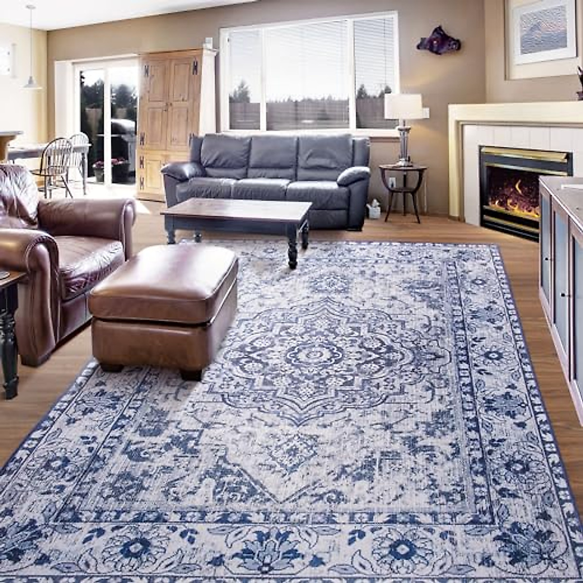 OHWPEAT 5x7 Feet Boho Vintage Living Room Area Rug, Lightweight Non-Shedding Carpet, Hardwearing Stain-Resistant Machine Washable, Non-Slip Rug for Bedroom Office Dining Room Kids Room, Blue Rugs