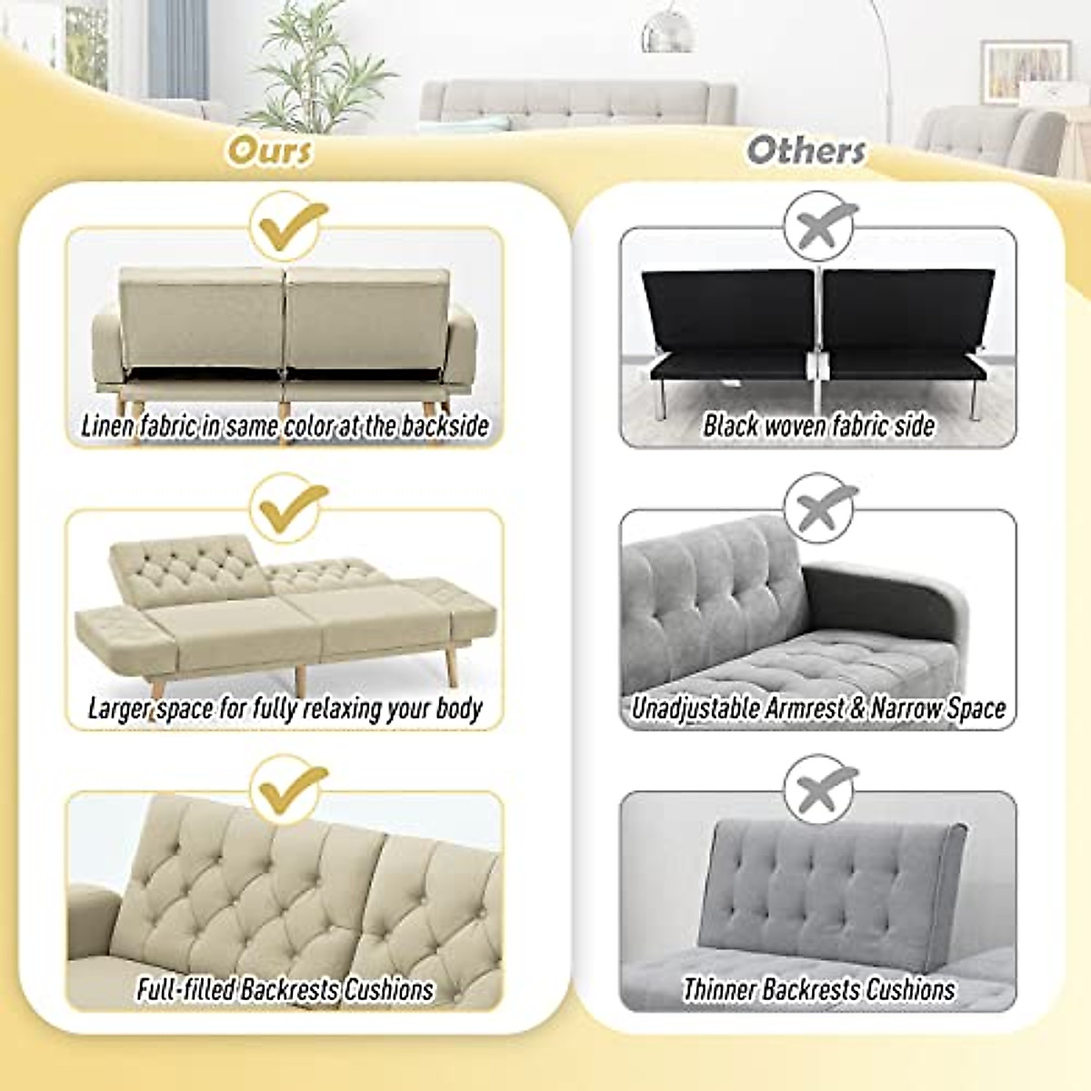 ACMEASE 70” Linen Fabric Futon Sofa Bed with Adjustable Backrests, Tufted Sleeper Couch with Convertible Armrest, 82” Extendable Loveseat Sofa with 2 Pillows for Living Room, Bedroom, Beige