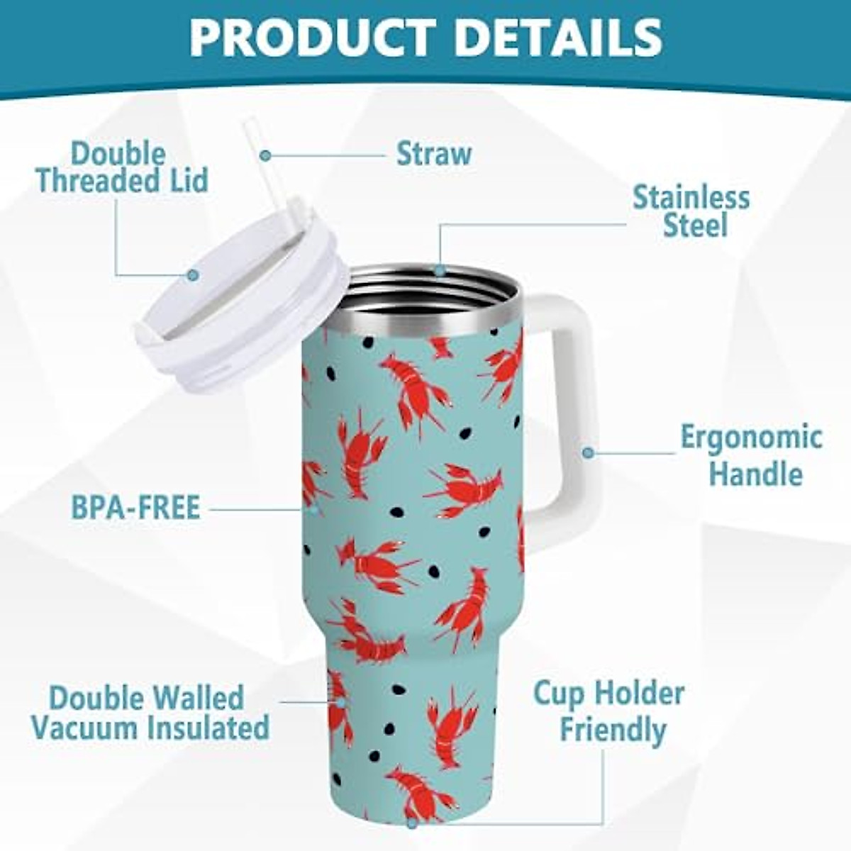 Caikeny Insulated Tumblers with Lid and Straw Brown Red Crayfish 40 oz Reusable Stainless Steel Cup Summer Water Bottle Coffee Travel Tumbler Mug for Women Men
