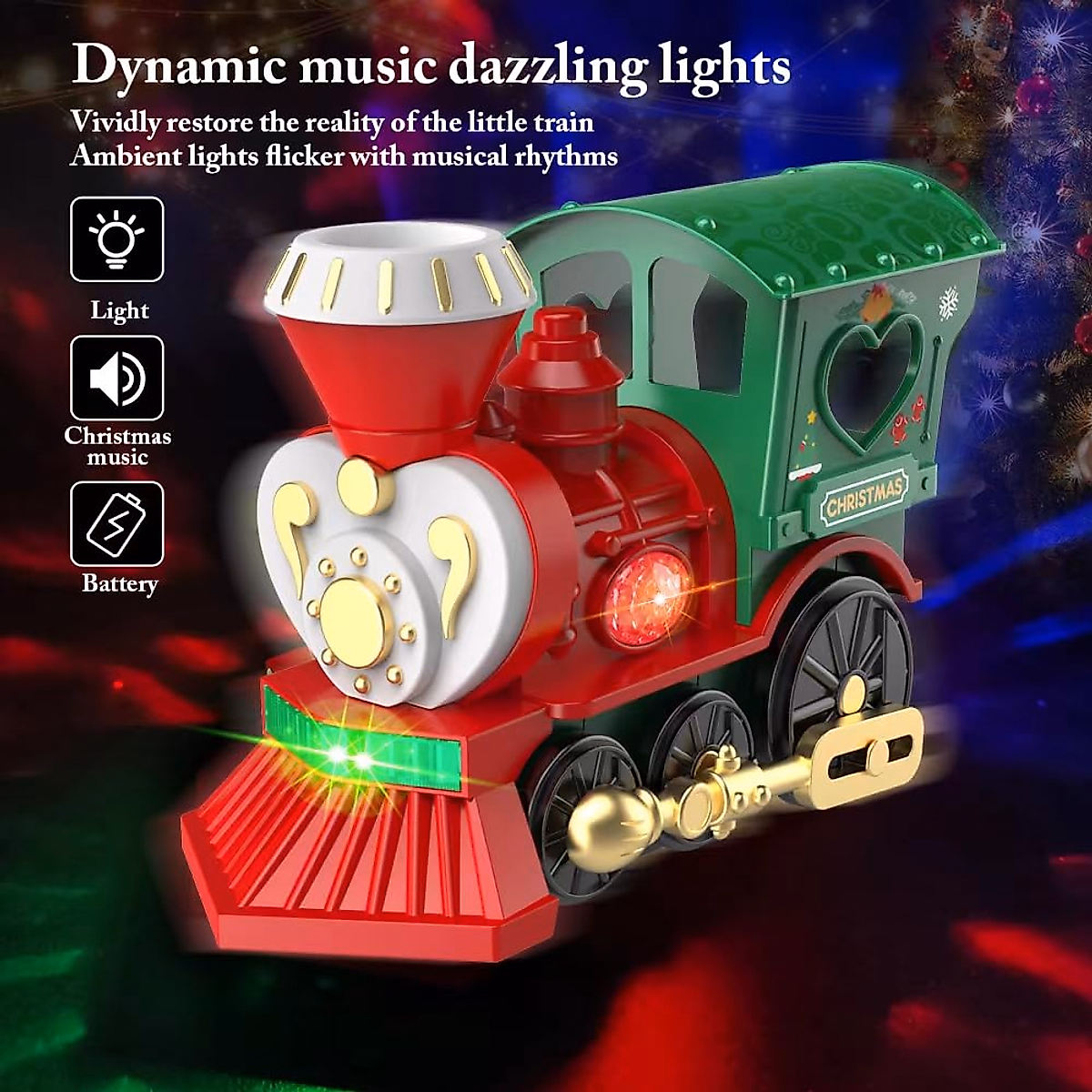 JUQU Train Toy for Christmas - Toy Train w/Lights & Customized Sounds for Christmas - 360° Rotation Moving Bump and Go Train Locomotive for Kids Toddlers for Age 3 4 5 6 7 8+ Boys Girls (Red/Green)