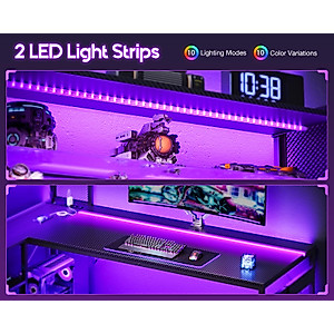 MOTPK L Shaped Gaming Desk, Reversible Computer Desk with Power Outlet, Gaming Table with LED Lights, L Shaped Desk with Glass Display Storage Shelves, Glass Desk Office Desk