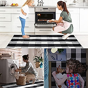 LulusVente Buffalo Plaid Outdoor Rug – 27.5x43in Machine Washable 2.1lbs Hotel Grade Thick Woven Yarn Black White Plaid Check Farmhouse Cotton for Indoor / Outdoor Front Porch Runner Layered Doormat