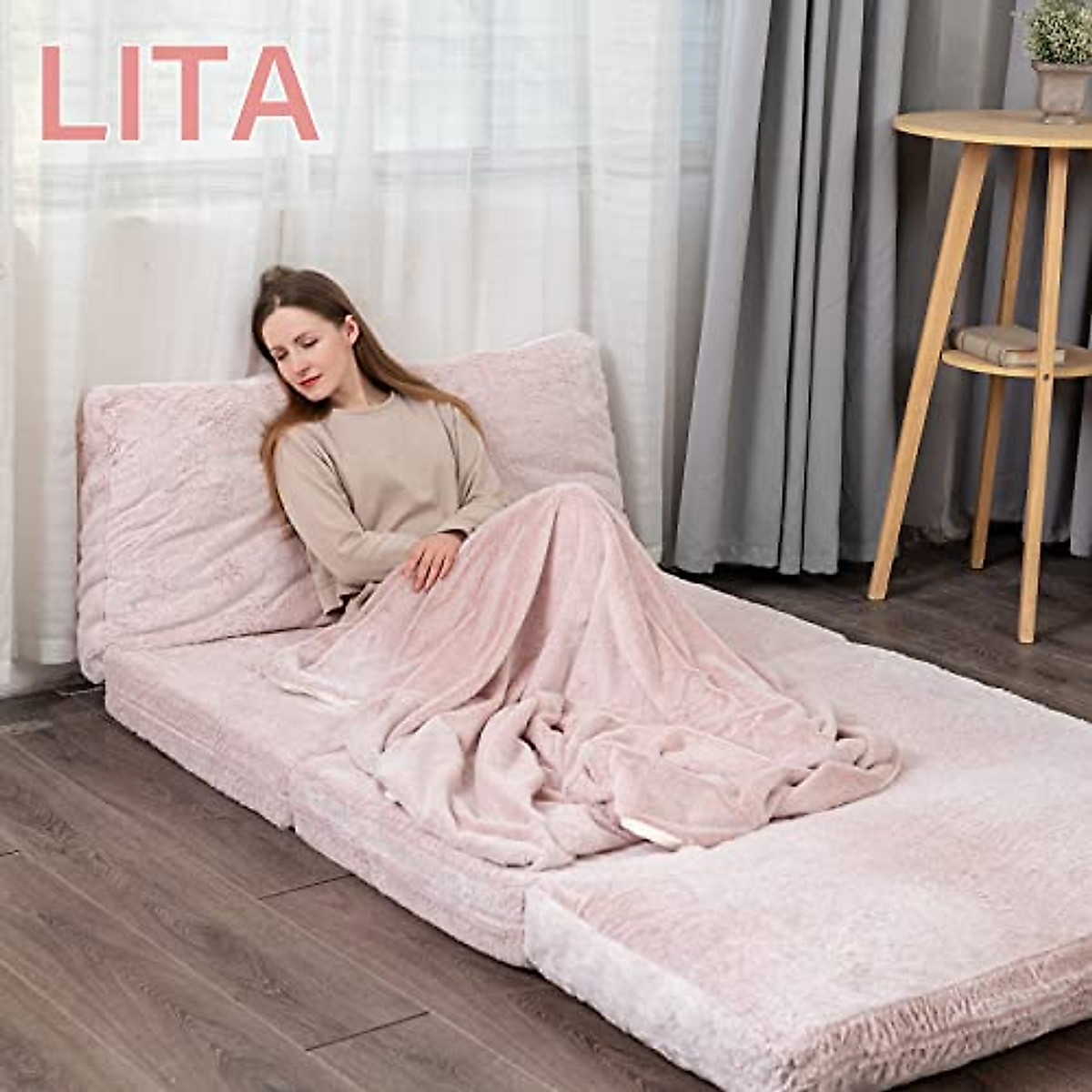 LITA Folding Mattress Sofa, Foldable Double Sofa Bed Foam Filling Convertible Sleeper Sofa Bed Modern Soft Faux Fur Wall Sofa Bed with Removable Cover for Living Room/Apartment/Dorm, Pink