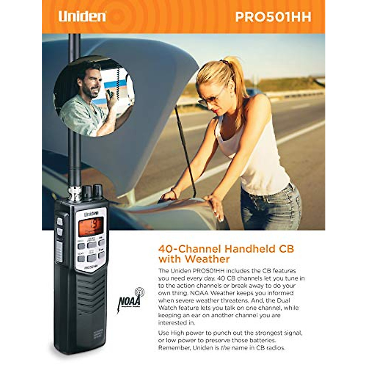 Uniden PRO501HH Pro-Series 40-Channel Portable Handheld CB Radio/Emergency/Travel Radio, Large LCD Display, High/Low Power Saver, 4-Watts, Auto Noise Limiter, NOAA Weather, and Earphone Jack