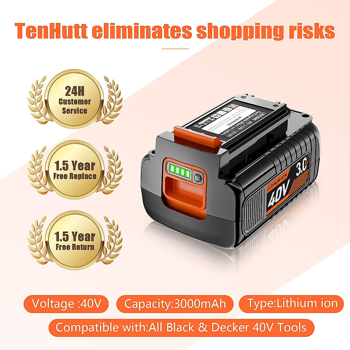 TenHutt 【Upgrade】 3.0Ah Replace Battery for Black&Decker 40V Lithium Battery for Black and Decker 40V Power+ Tools LBX2040 LBXR36 LBXR2036 LST540 LCS1240 LBX1540 LST136W Black+Decker Lithium Battery