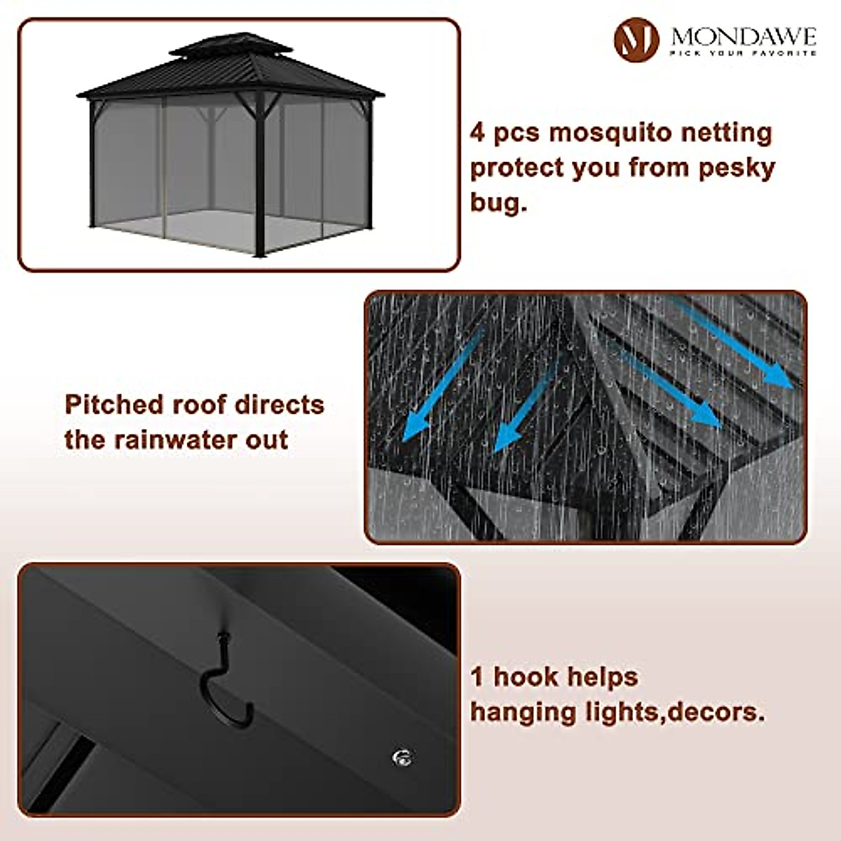 MONDAWE 10x12Ft Hardtop Gazebo with Netting Heavy Duty Permanent Gazebo Galvanized Steel Double Roof Pavilion Steel Frame Canopy Outdoor for Patio Lawn Garden