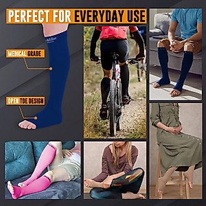 Doc Miller, Open Toe Compression Socks, 8-15 mmHg, Toeless, Support Circulation, Shin Splints, Calf Recovery, Varicose, Knee High, Medical Grade, Dark Blue Socks, Large Size for Men & Women, Pair