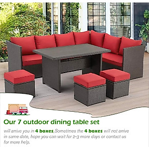 Generic 7 Piece Patio Conversation Set, Outdoor Sectional Sofa Rattan Wicker Dining Furniture, Gray (Red), dd1123