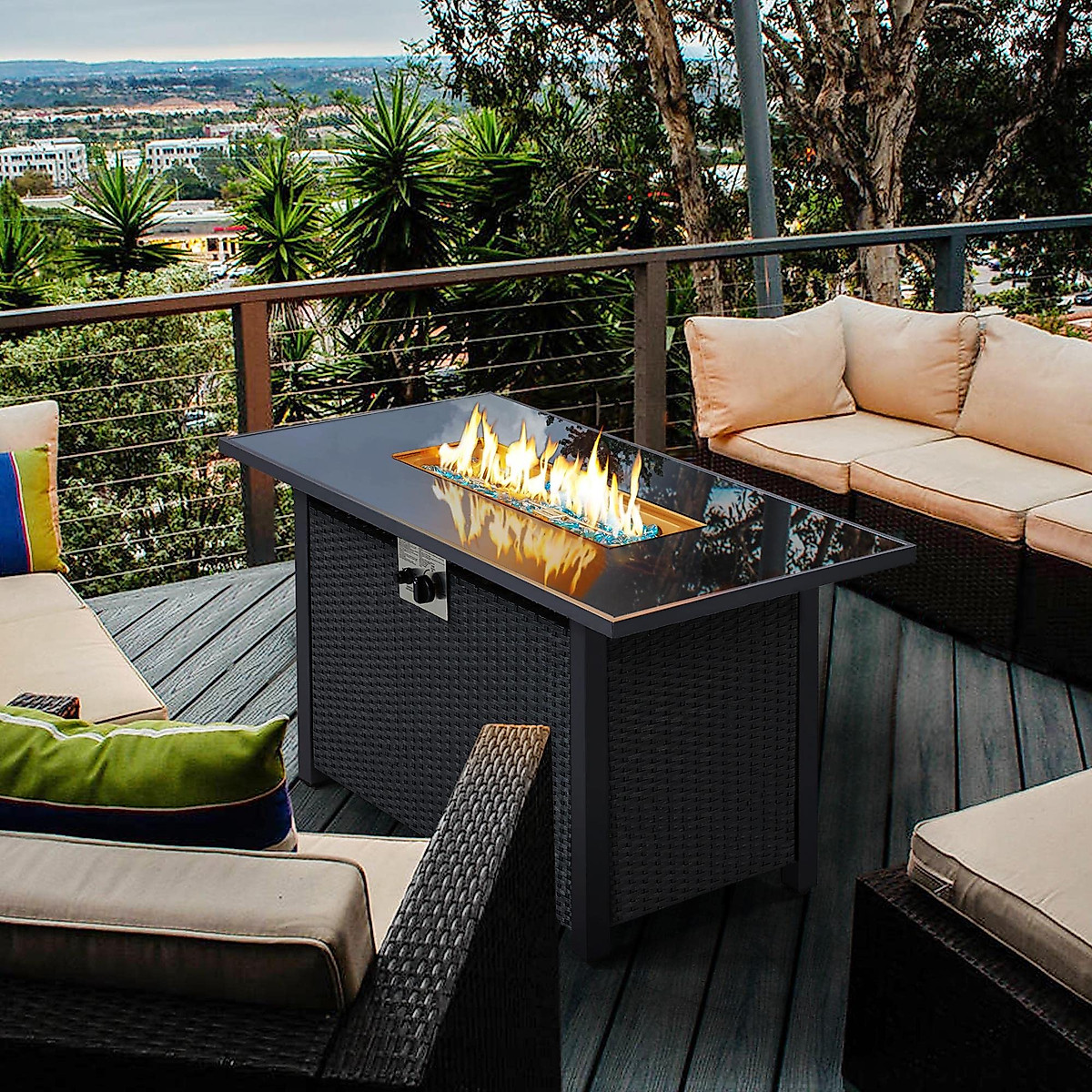 Yaheetech 43 inch Outdoor Fire Pit Table 50,000 BTU Gas Fire Pit with Tempered Glass Tabletop, Rattan Wicker Base and Fire Glass Stones for Patio/Garden/Party, Outdoor Heating, Rain Cover, Black