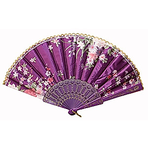 REINDEAR Multi-Pattern Decoration Fabric Flower Print Foldable Silk Lace Trim Hand Fan (3 Pcs, Silk)