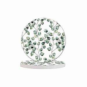 Pznen Eucalyptus Round Leaf Coasters Set for Wood Table Green Branches and Leaves Twig Natural Plant Foliage Tabletop Protection Mat for Mugs and Cups 4 Inch for Kitchen Office Home