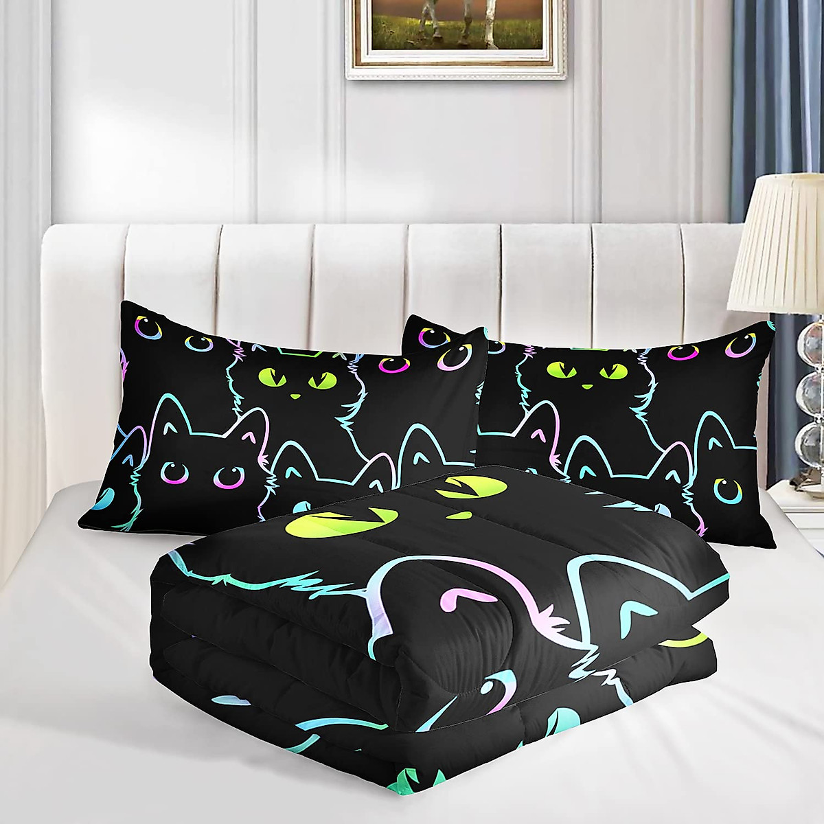 Axolotl Kids Bedding Cartoon Twin Size,Gradient Line Cute Cat Bedding Set for Teens Kids Boys Girls Adults Room Decor, All Season,1 Comforter 2 Pillow Cases,Black