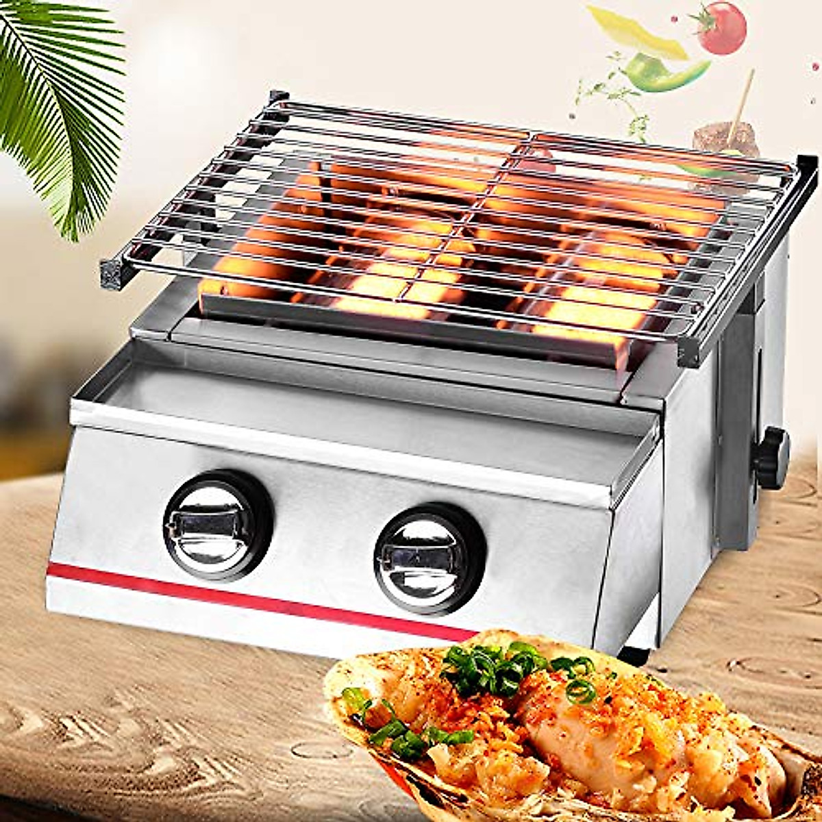 Portable Grill, 2-Burner Grill LPG Gas BBQ Grill, Tabletop Smokeless Outdoor Barbecue Cooker, for Parties, Backyard Barbeques, Camping, Tailgating or Picnicking