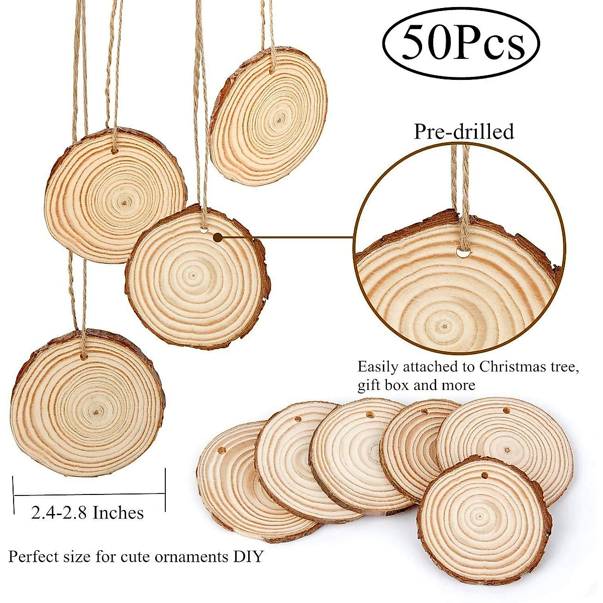 50Pcs 2.4"-2.8" Natural Wooden Slices,Colovis Unfinished Wood Circles with Holes Tree Bark Round Log Discs DIY Crafts Hanging Ornaments (50 Pcs, Natural Wood)