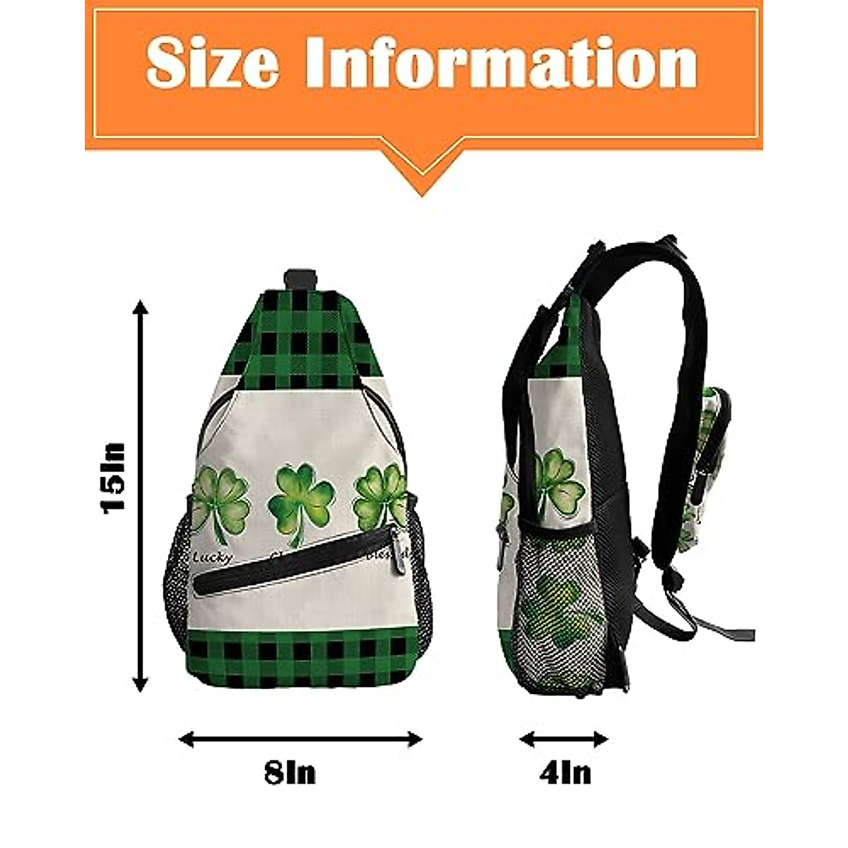 Sling Backpack, St. Patrick's Day Lucky Shamrock Black and Green Buffalo Plaid Waterproof Lightweight Small Sling Bag, Travel Chest Bag Crossbody Shoulder Bag Hiking Daypack for Women Men