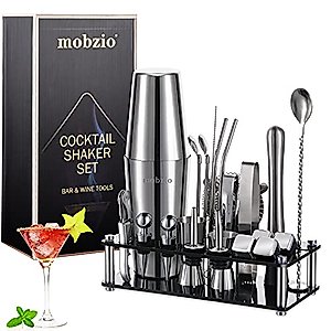 Cocktail Shaker Set Bartender Kit, 23 PCS Boston Shaker Tool Set with Stand, Drink Mixer Martini Shaker Bartending Kit, Bar Tools Bartender Tool Kit, mobzio Bar Accessories for The Home Bar Set