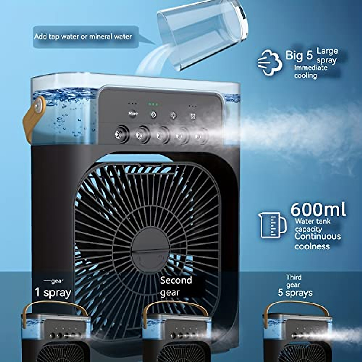 Portable Air Conditioners Fan, Ultra Quiet Personal Small Cooling Misting Fan with 3-Speeds, 5 Mist Holes, Timer, 7 Colors Lights, USB Table Air Cooler Fan for Makeup, Home, Office, Travel (Black)