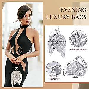 2 Pieces Women's Evening Handbags Rhinestone Clutch Wedding Purse Rhinestone Bag Triangle Bling Glitter Clutch Bag Round Ball Crystal Tassel Evening Bag for Bridesmaid Engagement Party(Silver)