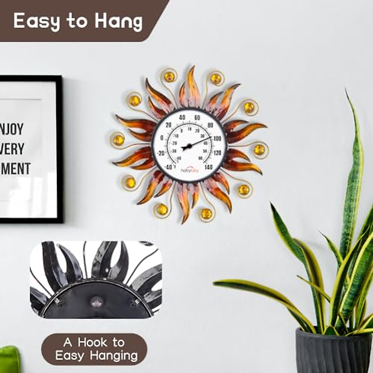 HOBYLUBY 13'' Sun Outdoor Thermometer, Indoor Outdoor Thermometer No Battery Needed, Decorative Outside Wall Thermometer for Patio, Home, Living Room, Garden Greenhouse, Wine Cellar