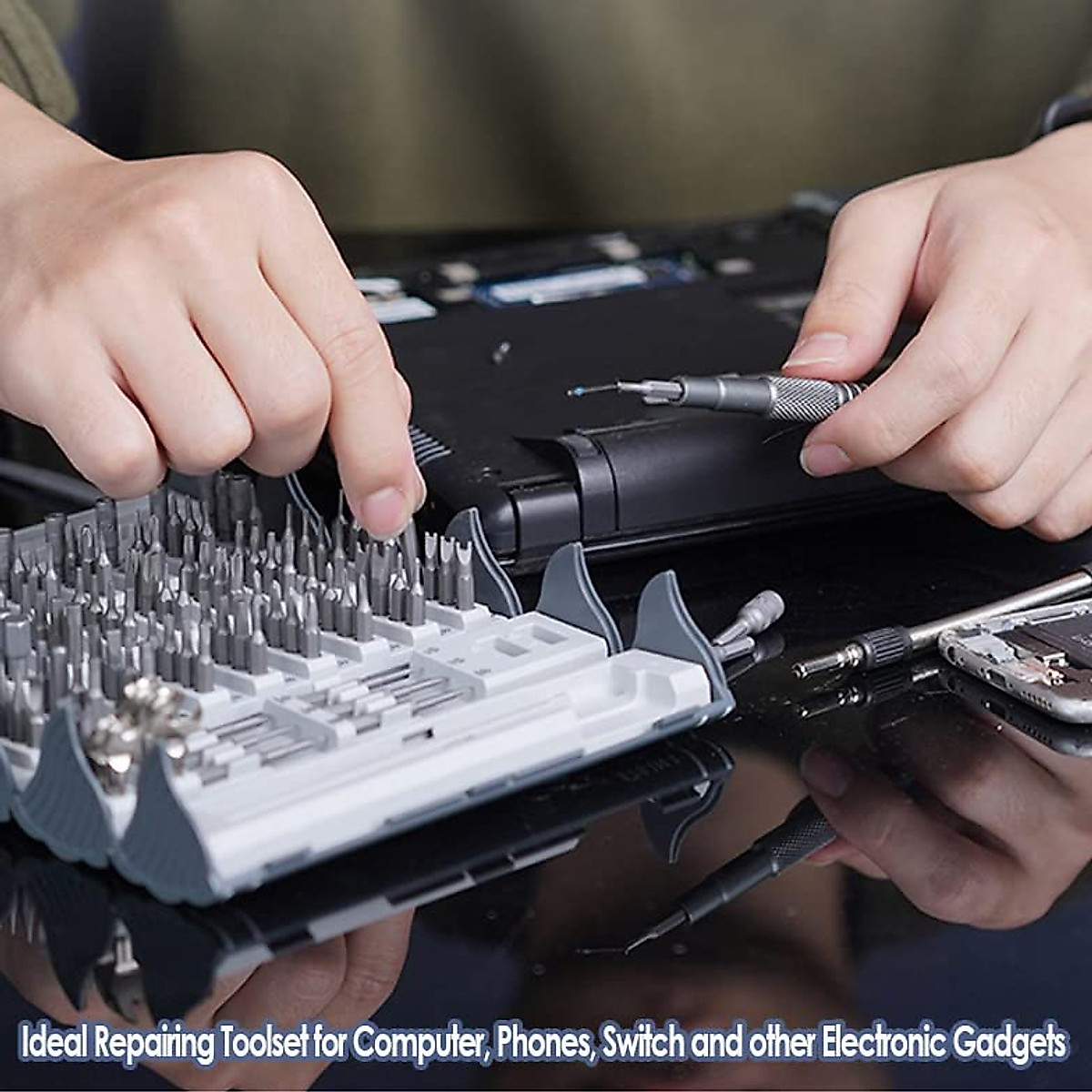 Precision Screwdriver Set Cylinder Organizing Case 128pcs in 1 Case S2 Alloy Steel HRC 56 Hardness Bits Space-saving Roll-up Case Professional Toolset Magnetizing Bit Heads for most sizes (9906)