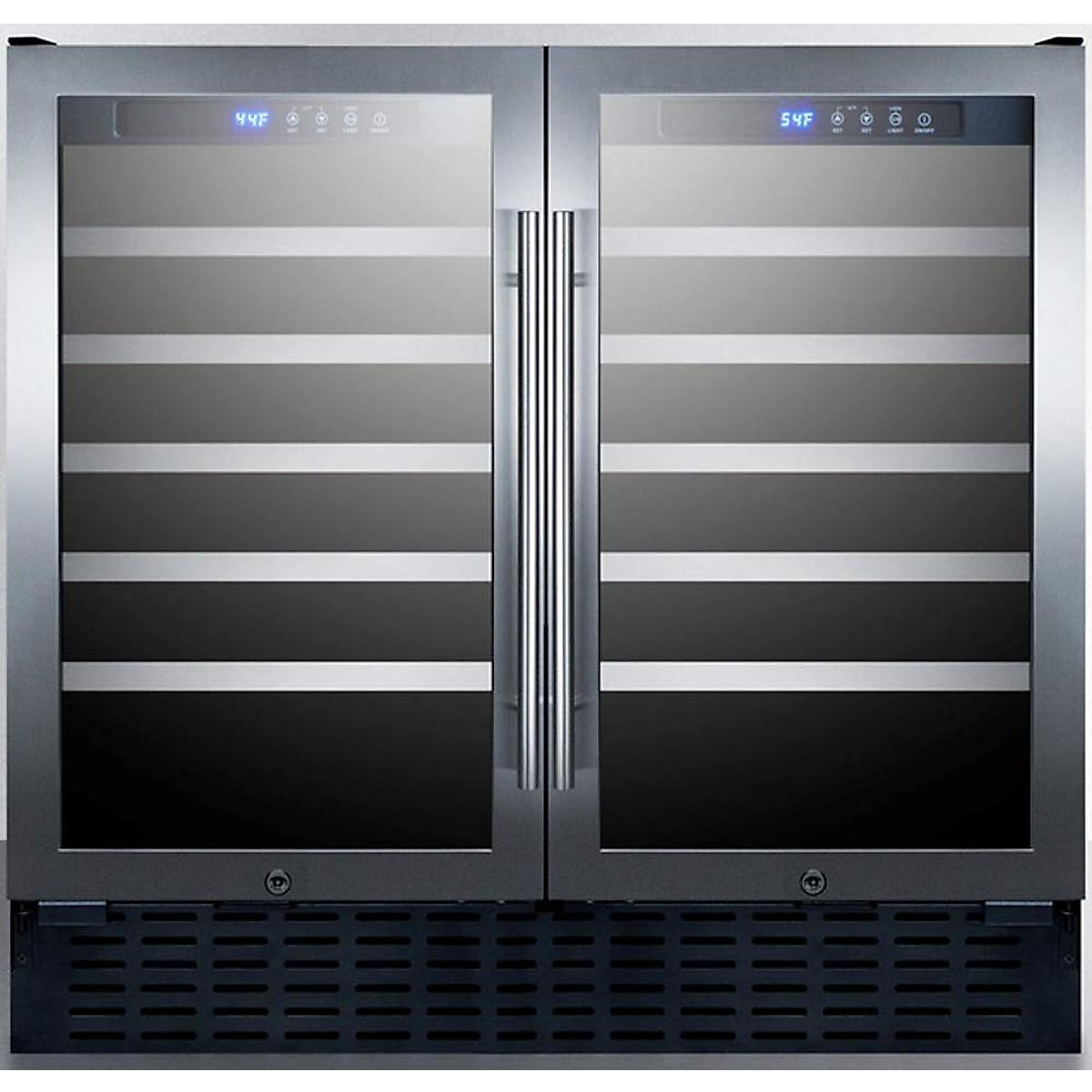 Summit SWC3668 36" Undercounter Dual Zone Wine Cooler with 68 Bottle Capacity LED Lighting Digital Thermostat Factory Installed Locks in Stainless