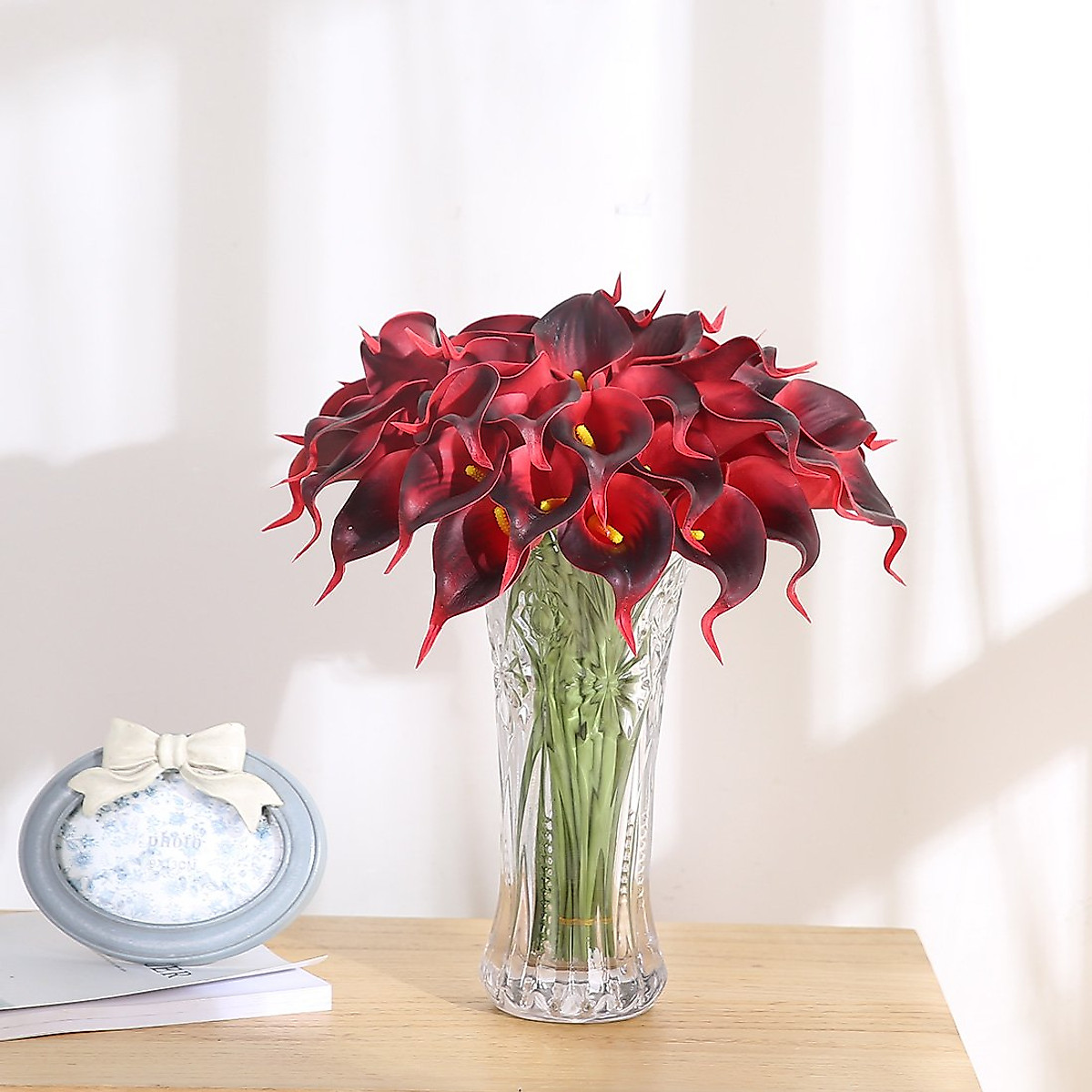 JUSTOYOU 20pcs Artificial Calla Lily 13" Fake White Flowers Wedding Bouquet Real Touch Latex Flower for Bride Wedding Home Decor (Dark Red)