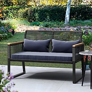 YITAHOME Patio Loveseat Wicker Outdoor Furniture, All Weather Rattan Conversation Loveseat for Backyard, Balcony and Deck with Wooden Armrest, Dark Gray Cushions (Dark Gray)
