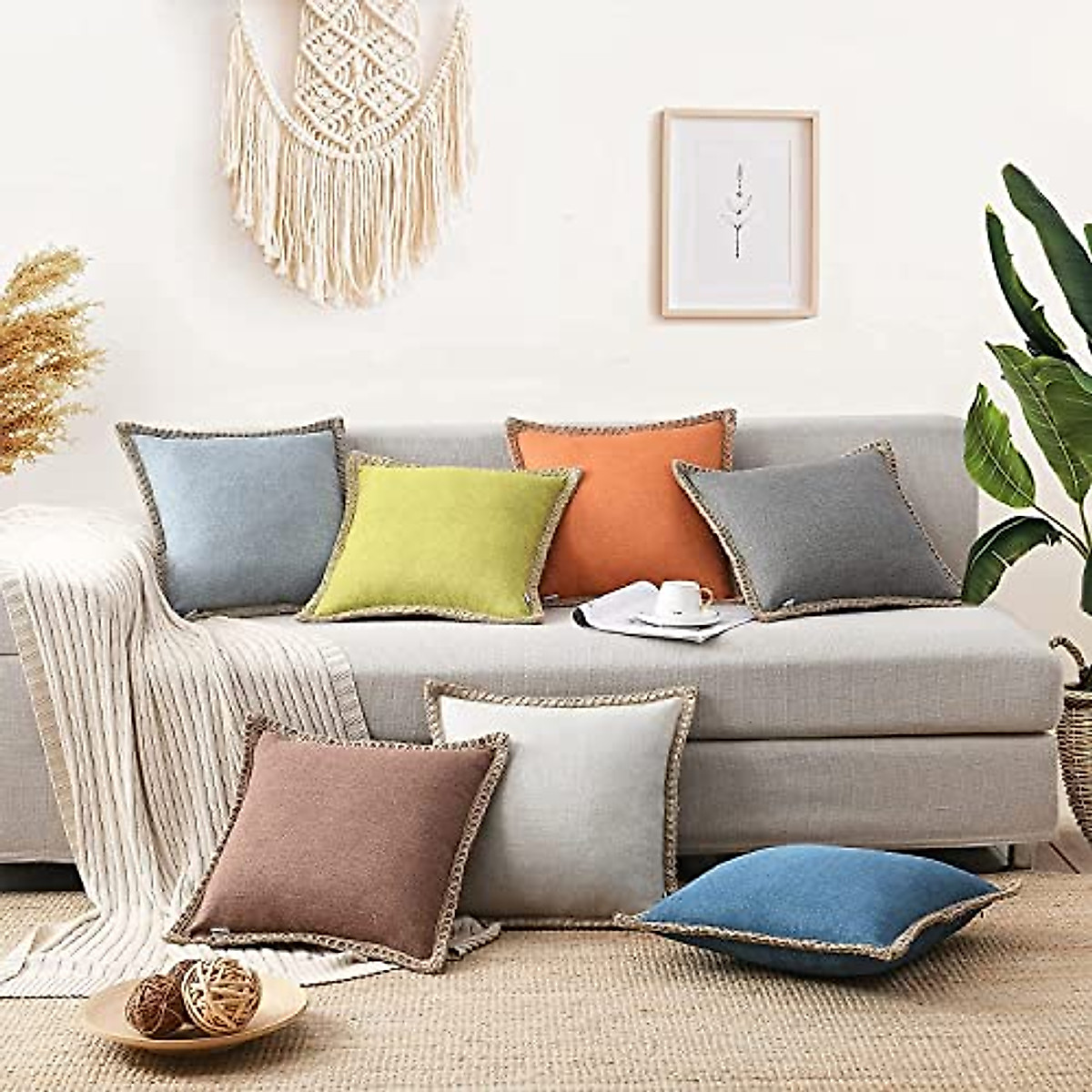 NordECO HOME Set of 2 Farmhouse Throw Pillow Covers - Burlap Linen Trimmed Tailored Edges Decorative Cushion Covers for Bed Home Decoration, 18 x 18, Black