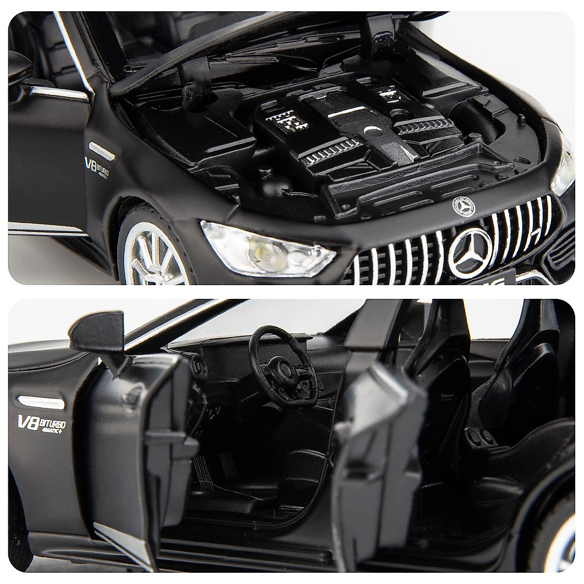 WAKAKAC 1/32 Benz AMG GT63 Model Car Alloy Diecast Pull Back Toy Car with Sound and Light Door Can Be Opened Toy Vehicle for Kids Gift(Black)