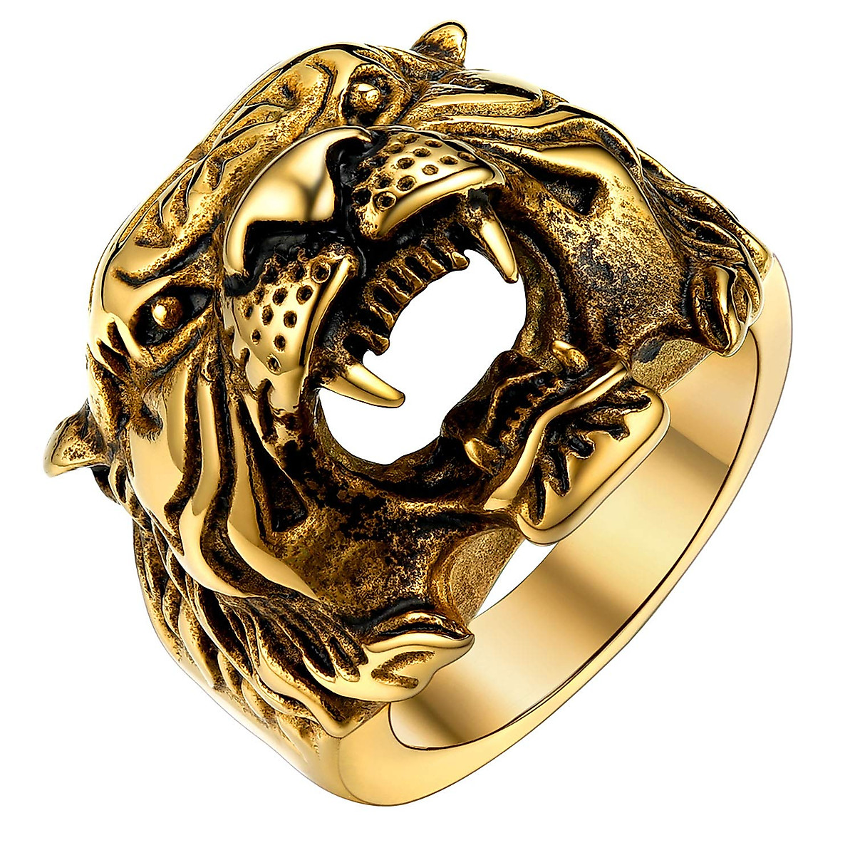 U7 Men's Punk Animal Signet Ring 18K Gold Plated Vintage Enamel Black Retro Tiger Head Ring -Size 13