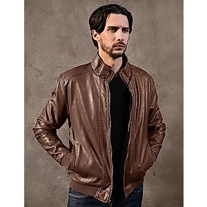 WenVen Men's Stand Collar Fleece Lined Bomber Faux Leather Jacket (Field, M)