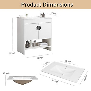 NOTOP 24" Bathroom Vanity with White Ceramic Sink Comb, Modern Freestanding Solid Wood Cabinet Set,Included Two Soft Close Doors with Black Zinc Alloy Handles & A Lower Open Shelf, 26IN