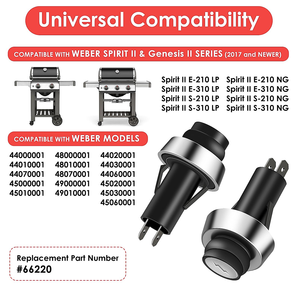 Senshare Grill Igniter Replacement for Weber 66220 Igniter Button Switch, Compatible with Weber Spirit 2 Grill Parts & Weber GS4 Grill Parts, Fits Spirit II Gas Grills E210 E310 S210 S310, 1 Pack