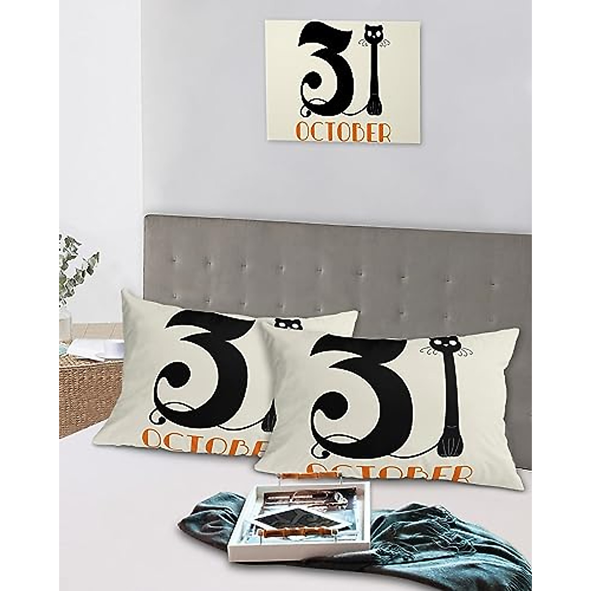 Edwiinsa Halloween Pillow Covers King Standard Set of 2 Bed Pillow, Plush Soft Comfort for Hair/Skin Cooling Pillowcases with Envelop Closure 20x36 Inches Black Orange Cute Cartoon Cat Animal