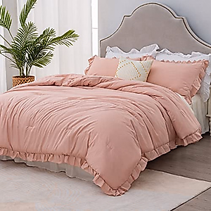 Litanika Full Size Comforter Sets, 3 Pieces Blush Pink Ruffle Girls Women Cute Bedding Comforters & Sets, Lightweight Fluffy Microfiber as Gift (79x90In Comforter & 2 Pillowcases)