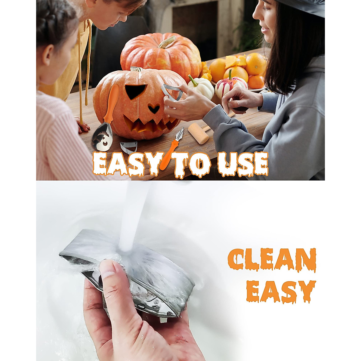 JUSTOTRY Pumpkin Carving Kit with Hammer Safe for kids, Halloween Pumpkin Cutter Tools, Durable Stainless Steel Non-knife Shaped Stencils, Pumpkin Carving Set for Adults, 23 PCS