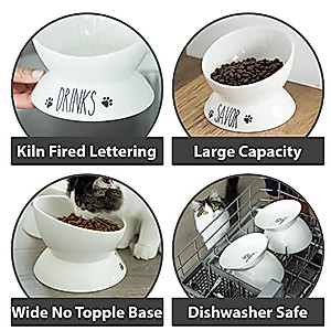 Prefurred Pet Elevated Cat Food Bowl Set (Dinner & Drinks Cat Dish) Two Elevated Cat Bowls, Cat Dishes for Food and Water. Porcelain Raised Cat Bowl, Small Pet Dog Bowl. Wide Tilted Cat Food Bowls.