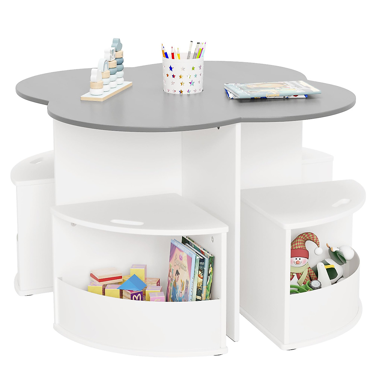 Curipeer Toddler Table and Chair Set with 4 Storage Stools, Flower Shaped Nesting Design Table with Built-in Pen Holder, Kids Table for Activity/Play/Art/Read/Craft, Grey and White