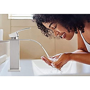DJS Waterfall Single Handle Modern Bathroom Faucet, Brushed Nickel, 1 or 3 Hole Bathroom Sink Faucet Mixer Tap Washbasin, Faucet with Deck, Pop-up Drain and Supply Hoses