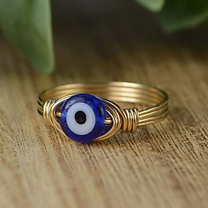 Turkish Blue Evil Eye Band Rings for Women Men Fashion Handmade Wire Wrapped Glass Bead Good Luck Symbol Statement Stacking Knuckle Middle Finger Ring Protection Amulet Lucky Jewelry Gifts Birthday (11)