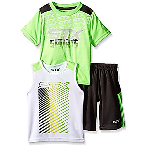 STX Little Boys' 3 Piece Performance T-Shirt, Tank, and Short, White/Lime/Black, 4
