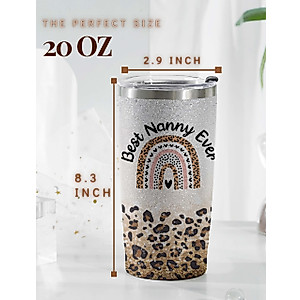 Onebttl Nanny Gifts from Granddaughter, Grandson, Insulated Stainless Steel Wine Tumbler with Lid and Straw, for Grandma on Mother's Day, Birthday, Christmas, Best Nanny Ever, Glitter Silver, 20 oz