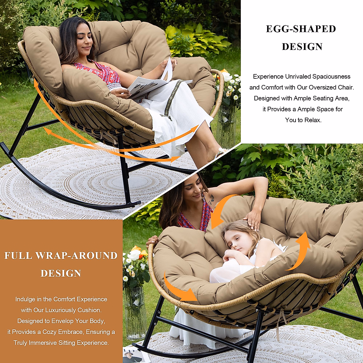 Papasan Rocking Chair Set of 2,Outdoor Indoor 450 lbs large Size Wicker Rattan Papasan Recliner Chair with Padded Cushion,Patio Lounge Rocker Chairs for Balcony Porch Garden Living Room (Brown)