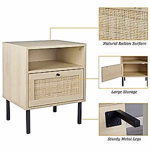 Natural Rattan Nightstand, End Table, Bedside Table, Modern Side Table with 1 Hand Made Decorated Door for Living Room, Bedroom