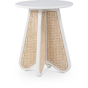 Meridian Furniture 208White-ET Butterfly Collection Mid-Century Modern End Table with Solid Wood White Finish, Oak Veneer Top, Natural Cane, 20" W x 20" D x 22" H, White