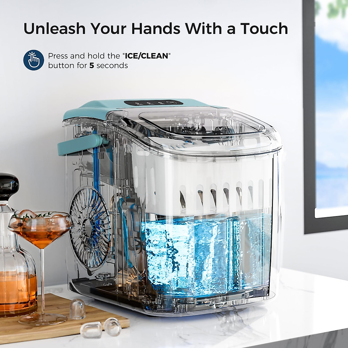 AGLUCKY Ice Makers Countertop,Portable Ice Maker Machine with Handle,Self-Cleaning Ice Maker, 26Lbs/24H, 9 Ice Cubes Ready in 8 Mins, for Home/Office/Kitchen (Green)