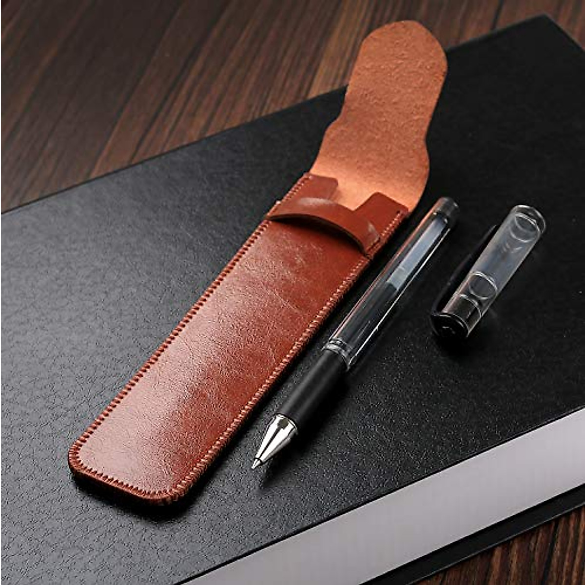 Daimay Leather Pen Case Holder Handmade Fountain Pen Pouch Soft Pen Protective Sleeve Cover for Ballpoint Pen, Stylus Touch Pen - Pack of 2 (Black & Brown)